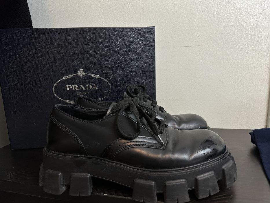 Prada Prada Monolith brushed leather and nylon lace-up shoes | Grailed