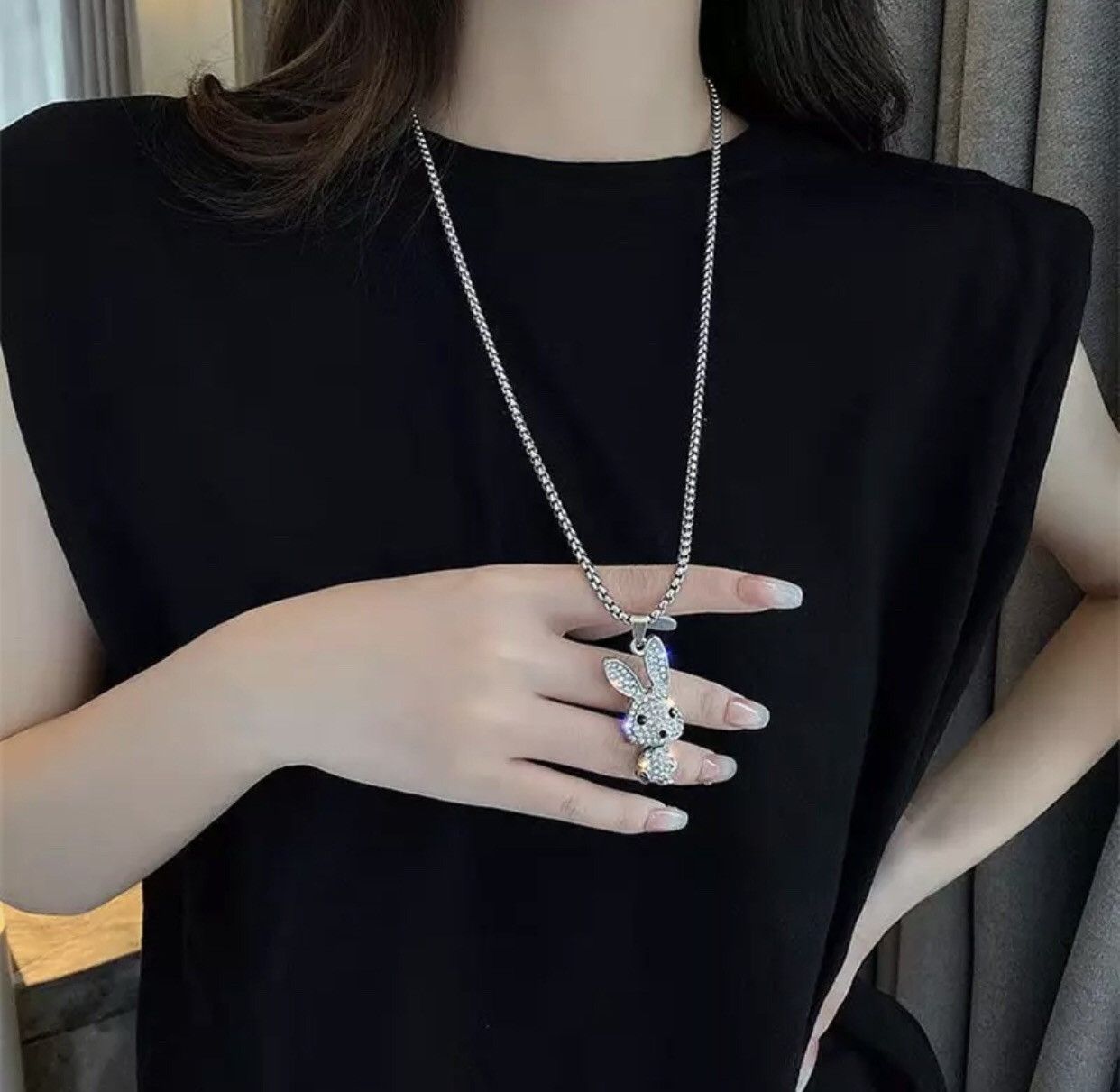 Chain × Cuban Link Chain × Diamond Pendant Cute Bunny Pendant Necklace ...
