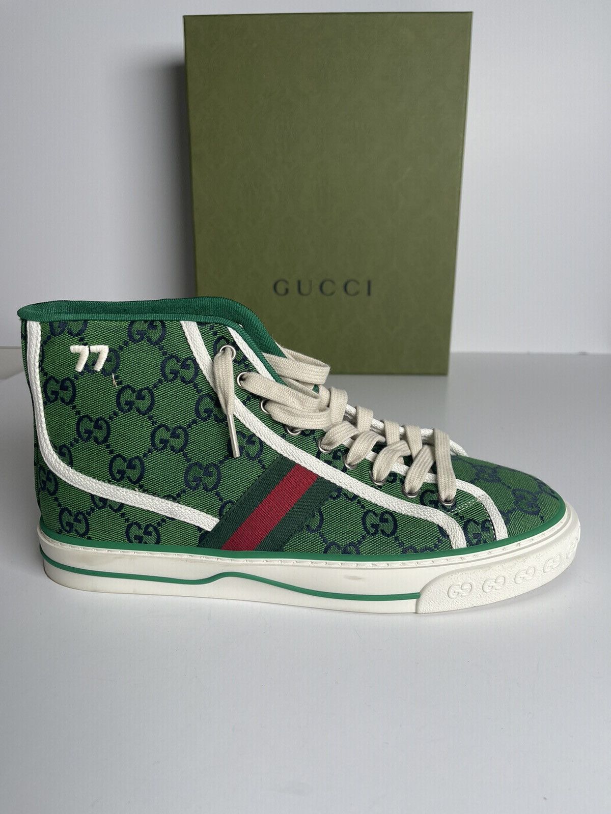 Gucci Gucci Men's Tennis 1977 High Top Sneaker in Green and Gucci Gucci Men's Tennis 1977 High Top Sneaker in Green and