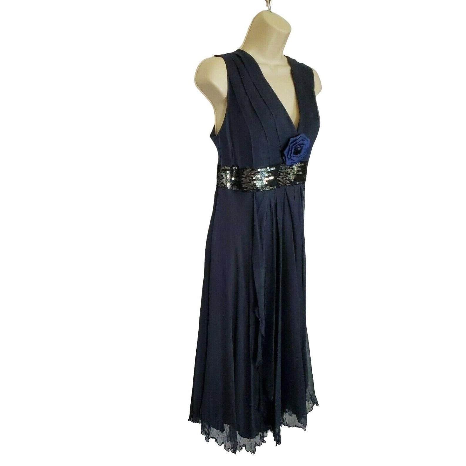 Designer Jeff Gallano Silk Dress Navy Sequin Evening Cocktail Empire ...