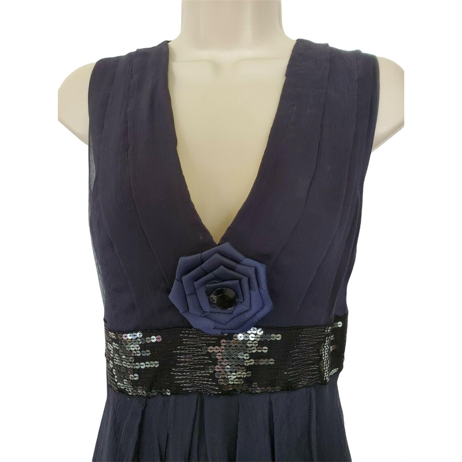 Designer Jeff Gallano Silk Dress Navy Sequin Evening Cocktail Empire ...