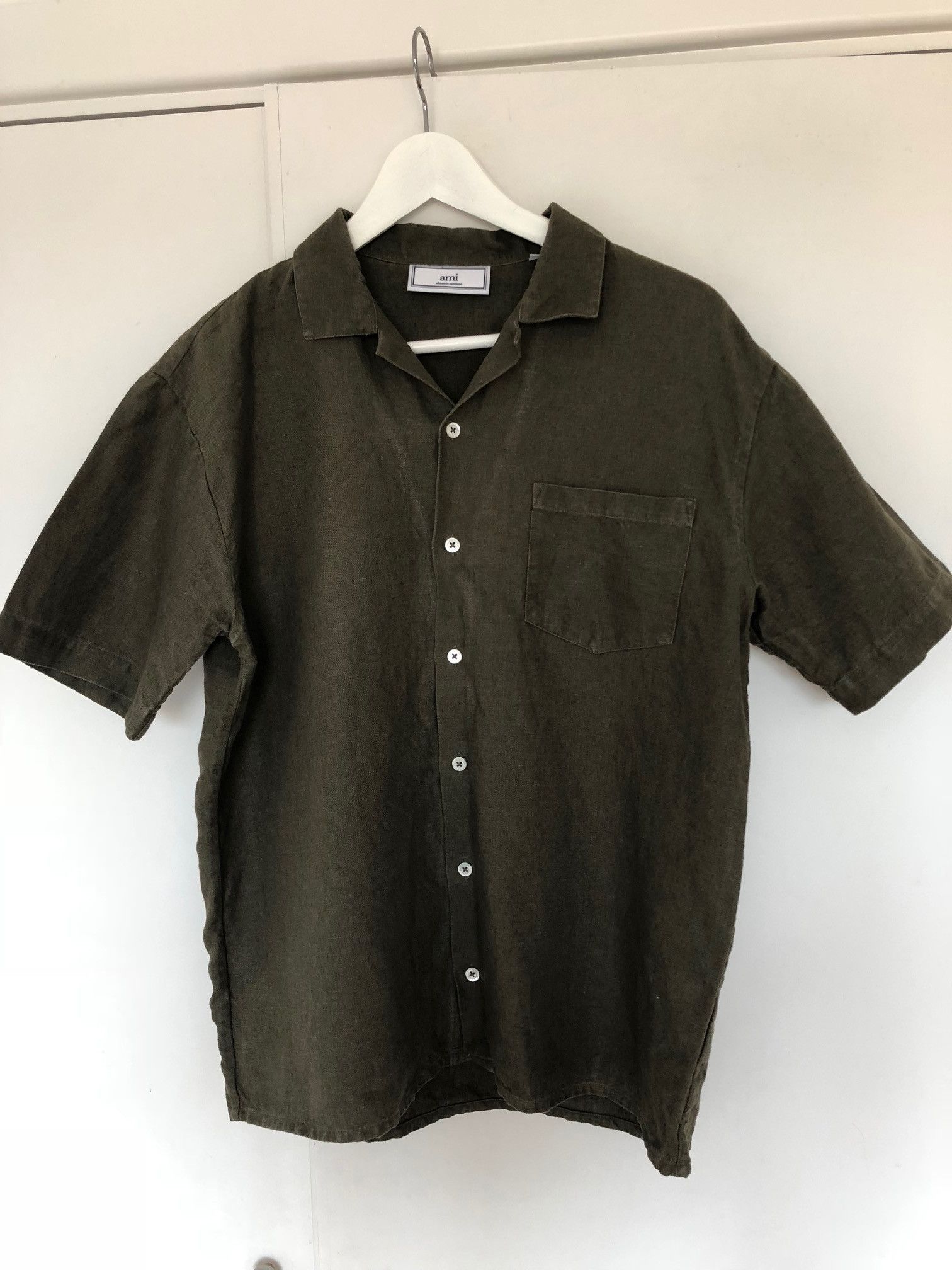 AMI Short-sleeve Army Green Linen Shirt | Grailed