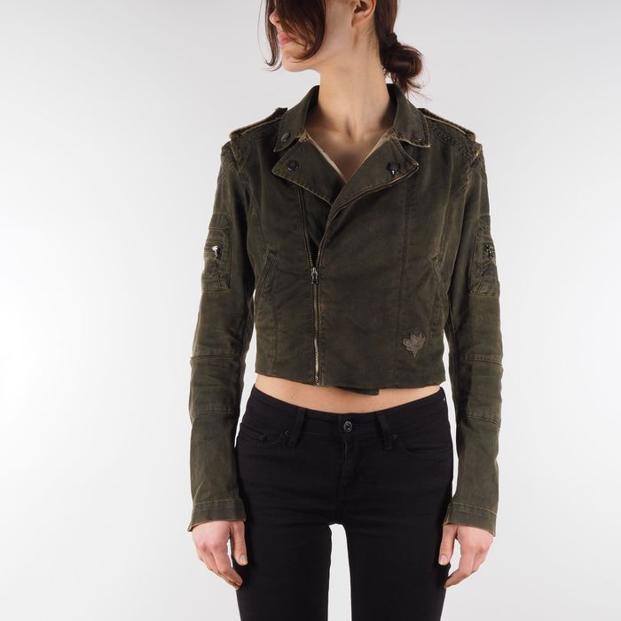 Diesel Diesel Olive Green Denim Crop Moto Biker Jacket | Grailed