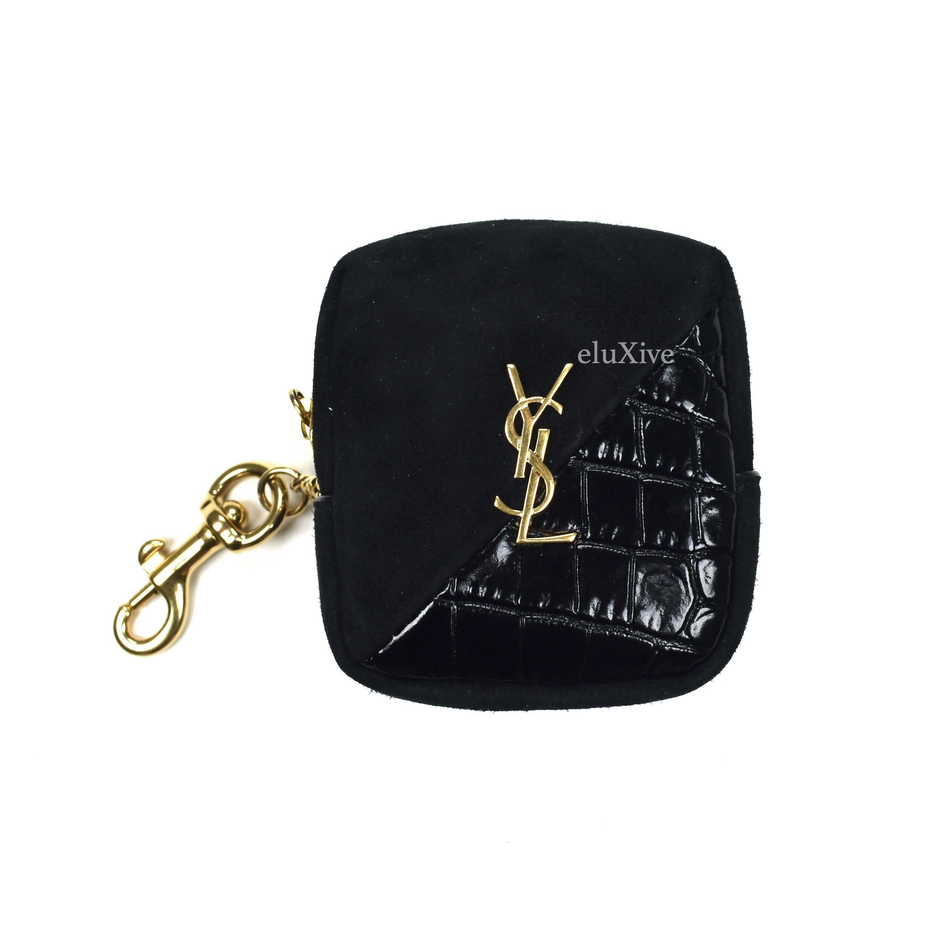 Saint Laurent Paris Saint Laurent Black Croc YSL Logo Jamie Zip Pouch ...