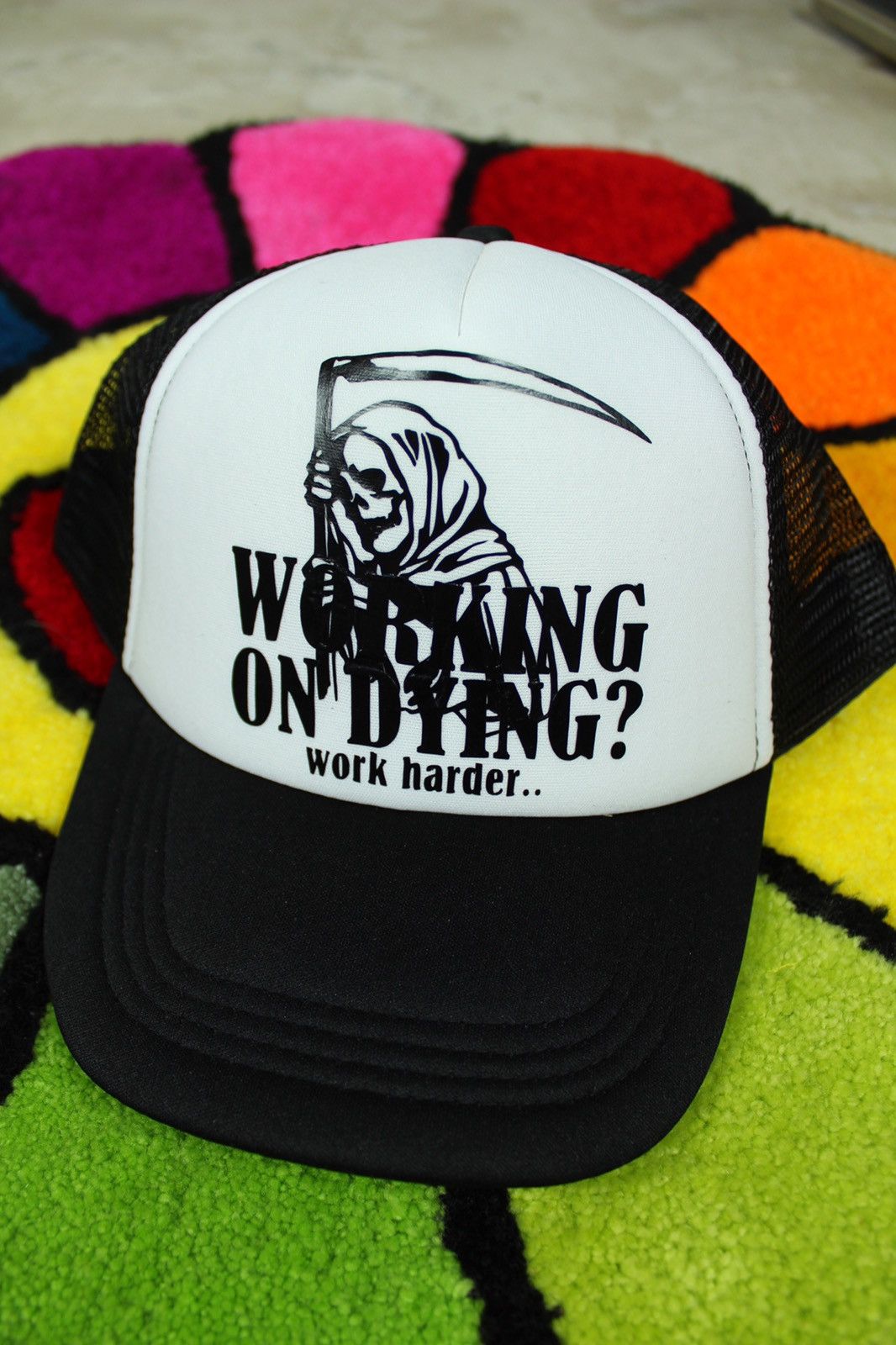 Streetwear × Trucker Hat × Vintage Working On Dying Skeleton Trucker ...