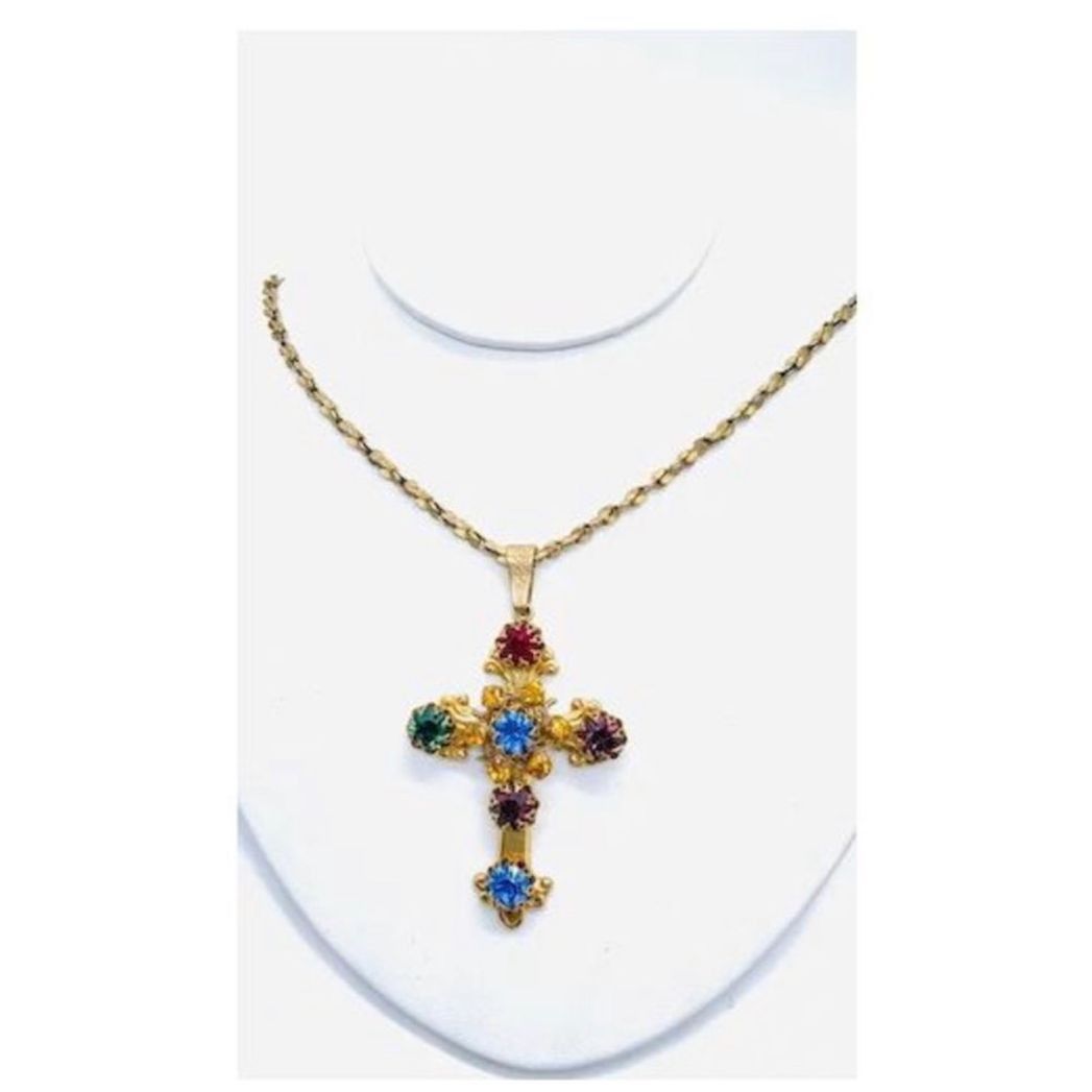 Miriam Haskell Miriam Haskell Vintage Jeweled Cross Pendant & Necklace ...