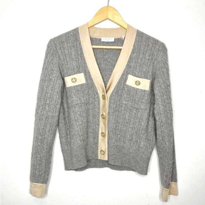Sandro Sandro Jane Cable Knit Cropped Cardigan, Grey/Tan, Size S | Grailed