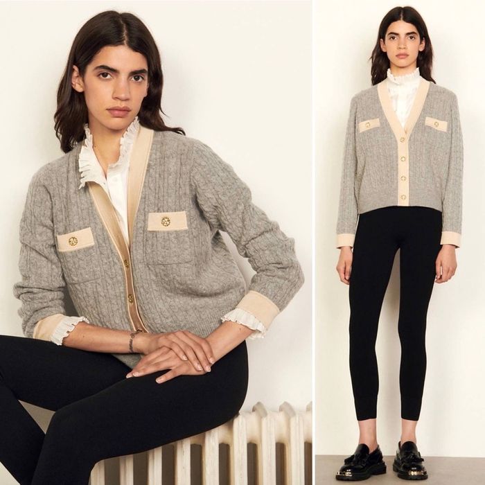 Sandro Sandro Jane Cable Knit Cropped Cardigan, Grey/Tan, Size S | Grailed