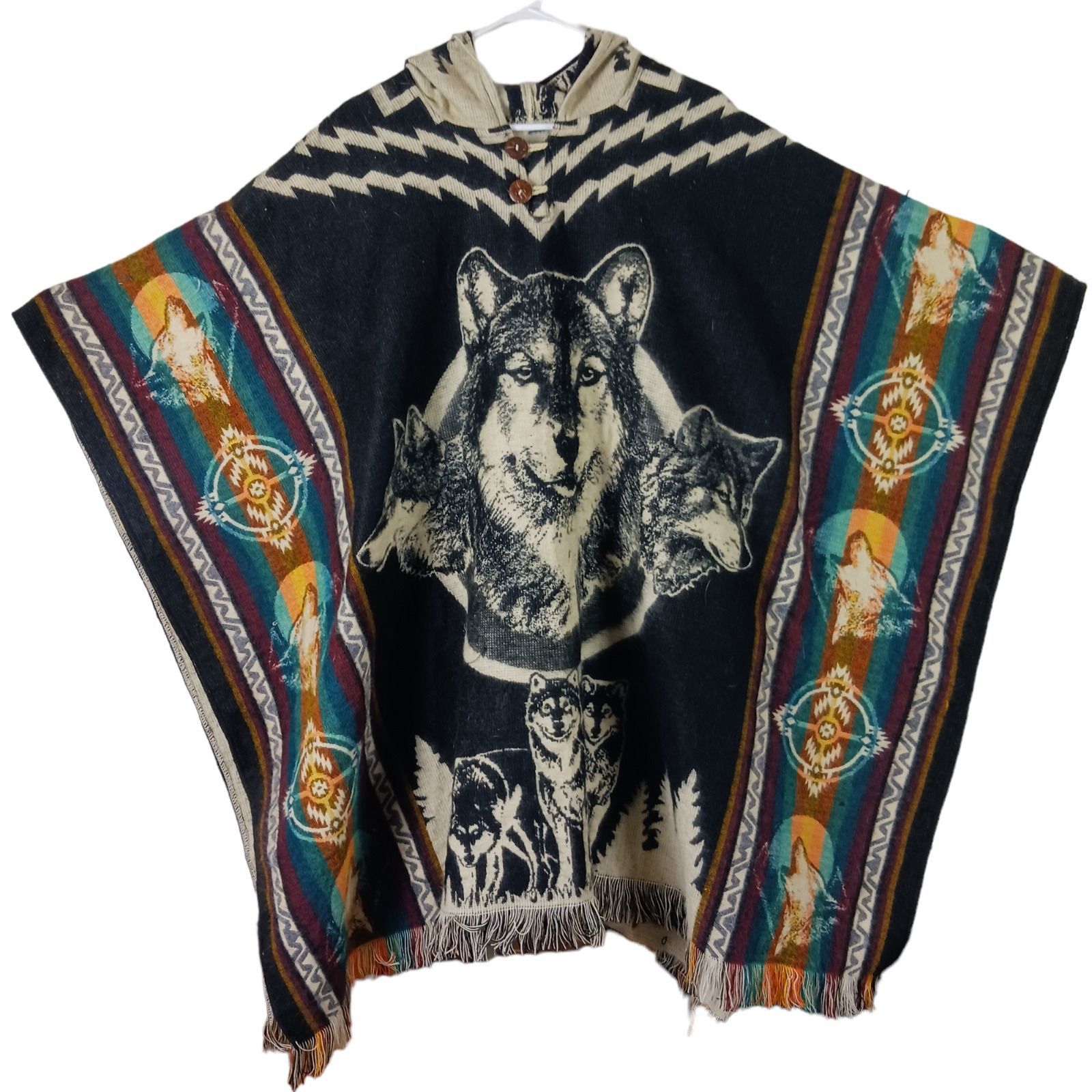 Other Native Creations Alpaca Hooded Poncho Hand Made Wolf All Ove ...
