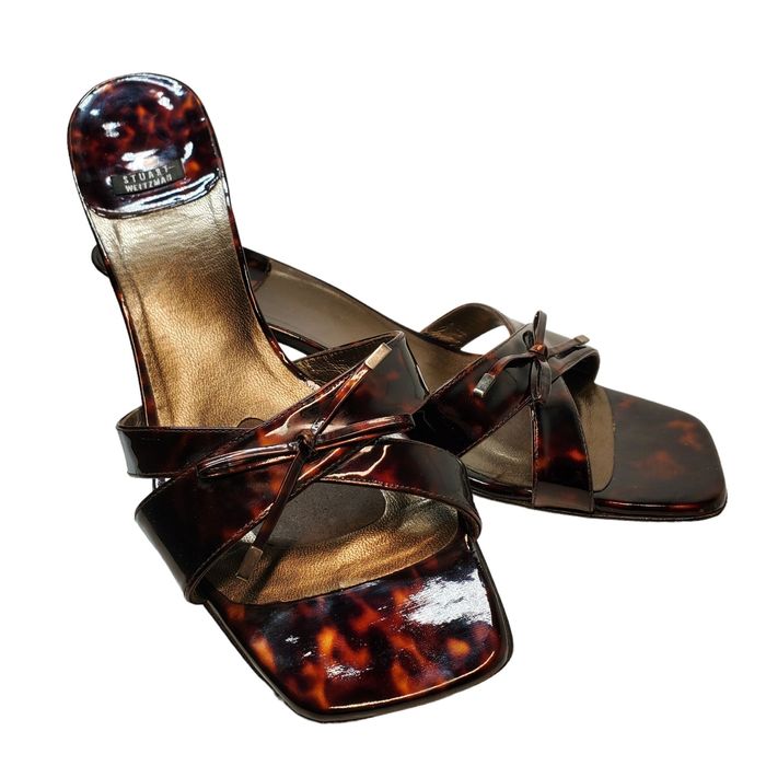 Stuart Weitzman Tortoise Shell Patent Leather Slide Sandal Kitten Heel ...