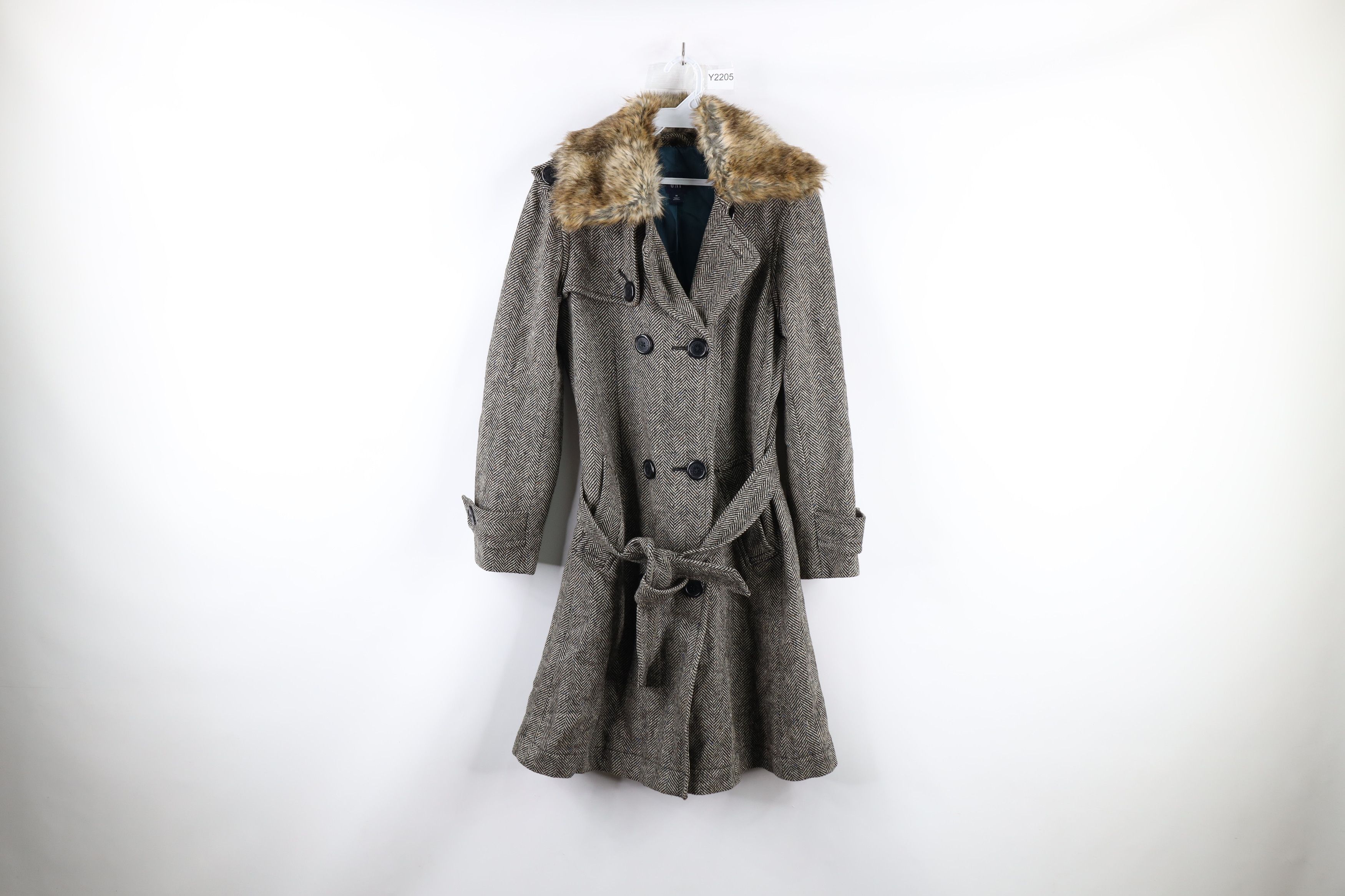 Gap × Vintage Vintage Gap Herringbone Fur Belted Double Breasted Jacket ...