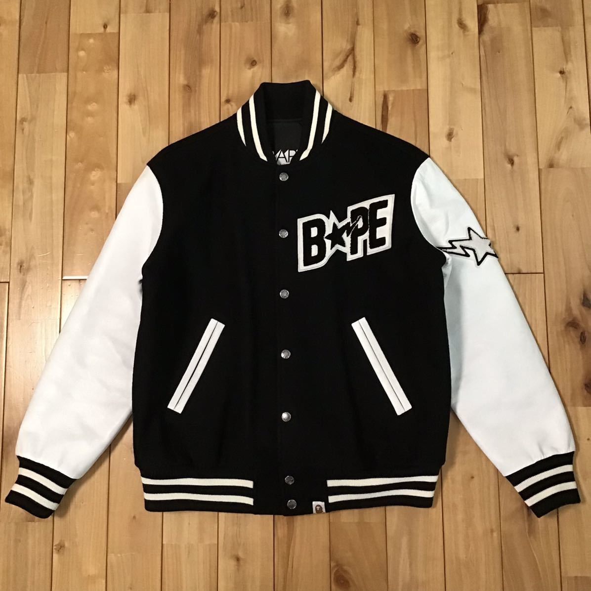 Bape BAPE STA logo sleeve leather varsity jacket ape star | Grailed