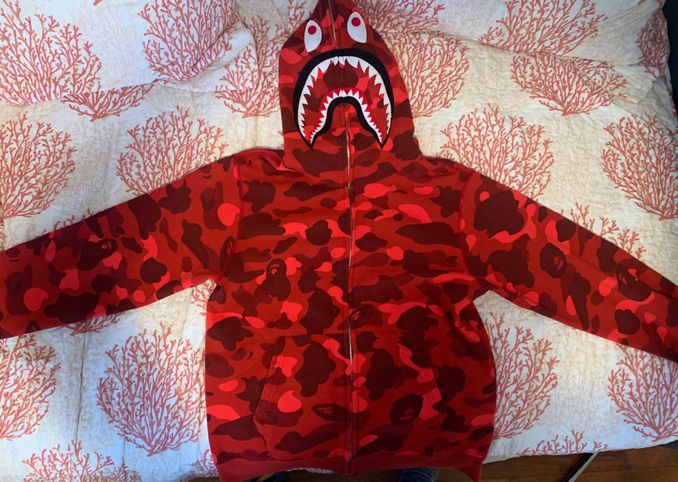 Bape BAPE Shark full zip hoodie Red camo a bathing ape WGM | Grailed