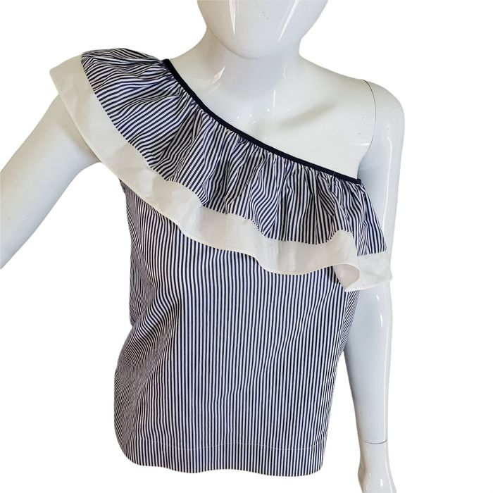 J Crew One Shoulder Ruffle Top J Crew Cotton Navy White Grailed