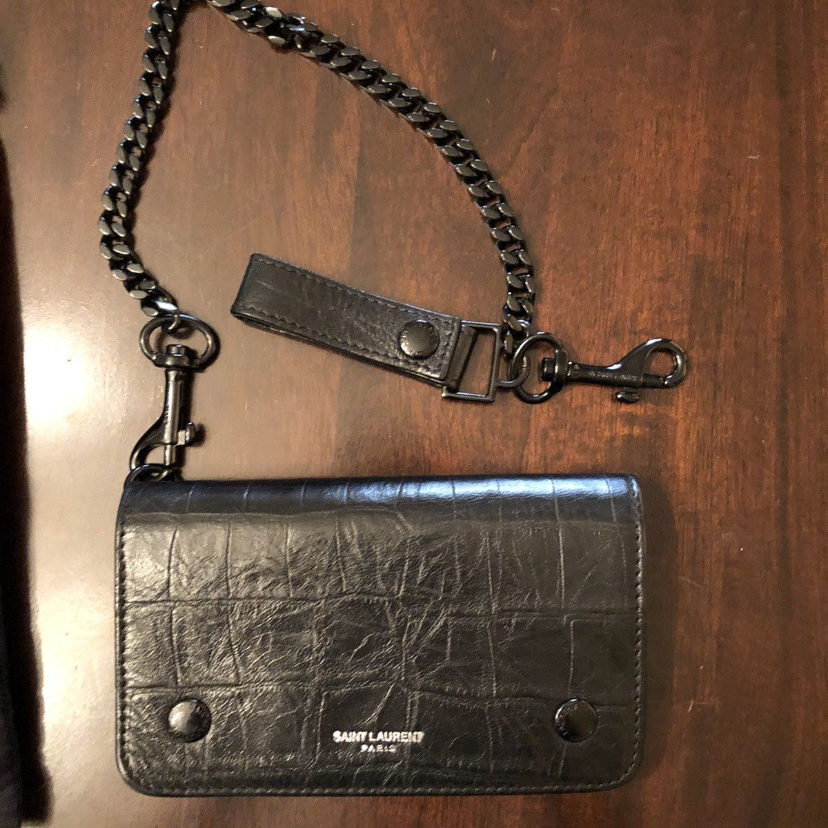 Saint Laurent Paris Rider Chain Wallet in Black Crocodile Embossed ...