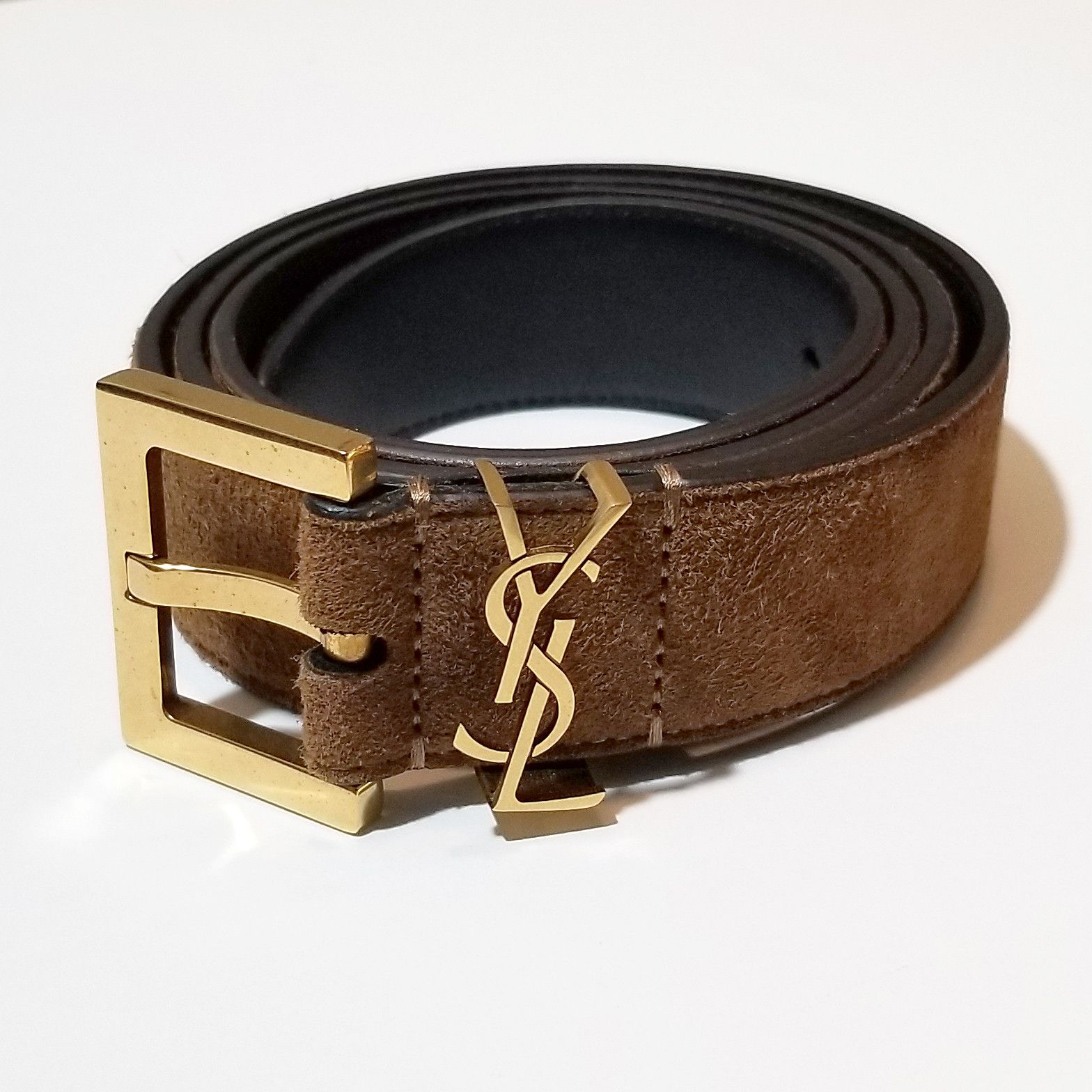 Saint Laurent Paris YSL Monogram Gold Tone Suede Belt | Grailed