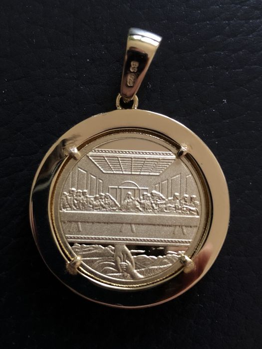 Gold Chain Reversible Last Supper & Jesus Coin Pendant 14k Gold Over ...