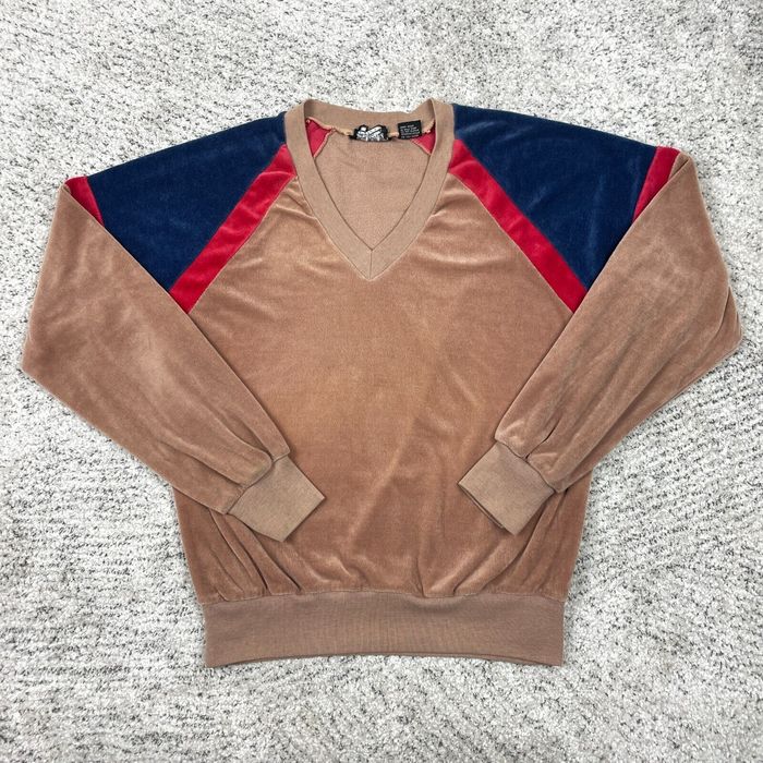 Vintage Vintage 80s Velour Sweater Adult Medium V-Neck Colorblock Brown ...