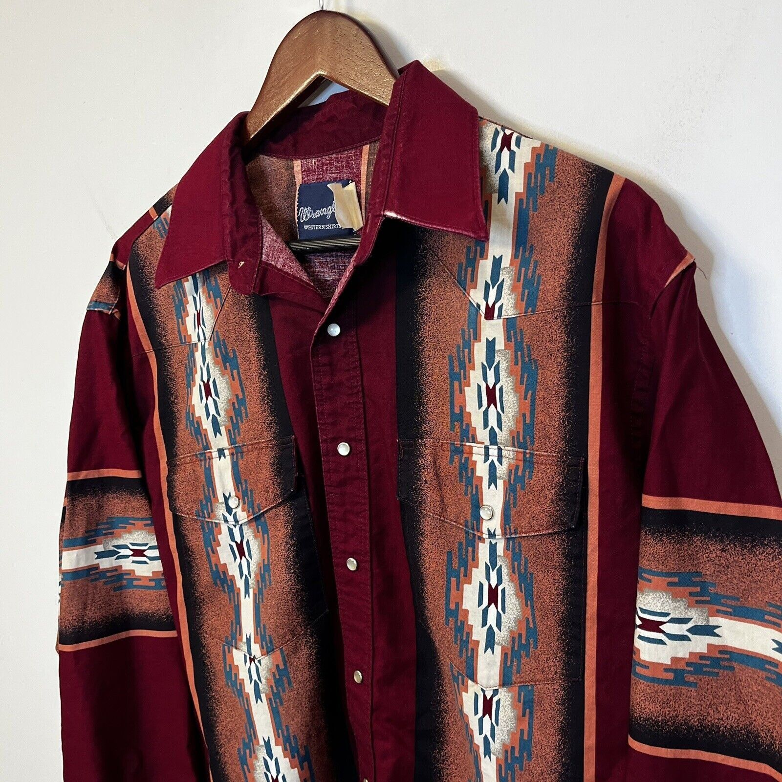 Vintage × Wrangler Vintage Wrangler Aztec Pearl Snap Shirt XL Maroon ...