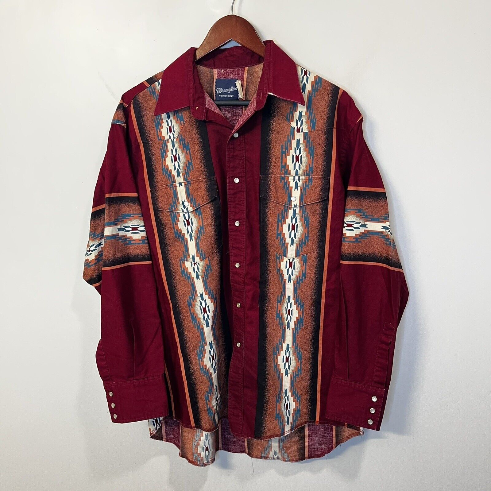 Vintage × Wrangler Vintage Wrangler Aztec Pearl Snap Shirt XL Maroon ...