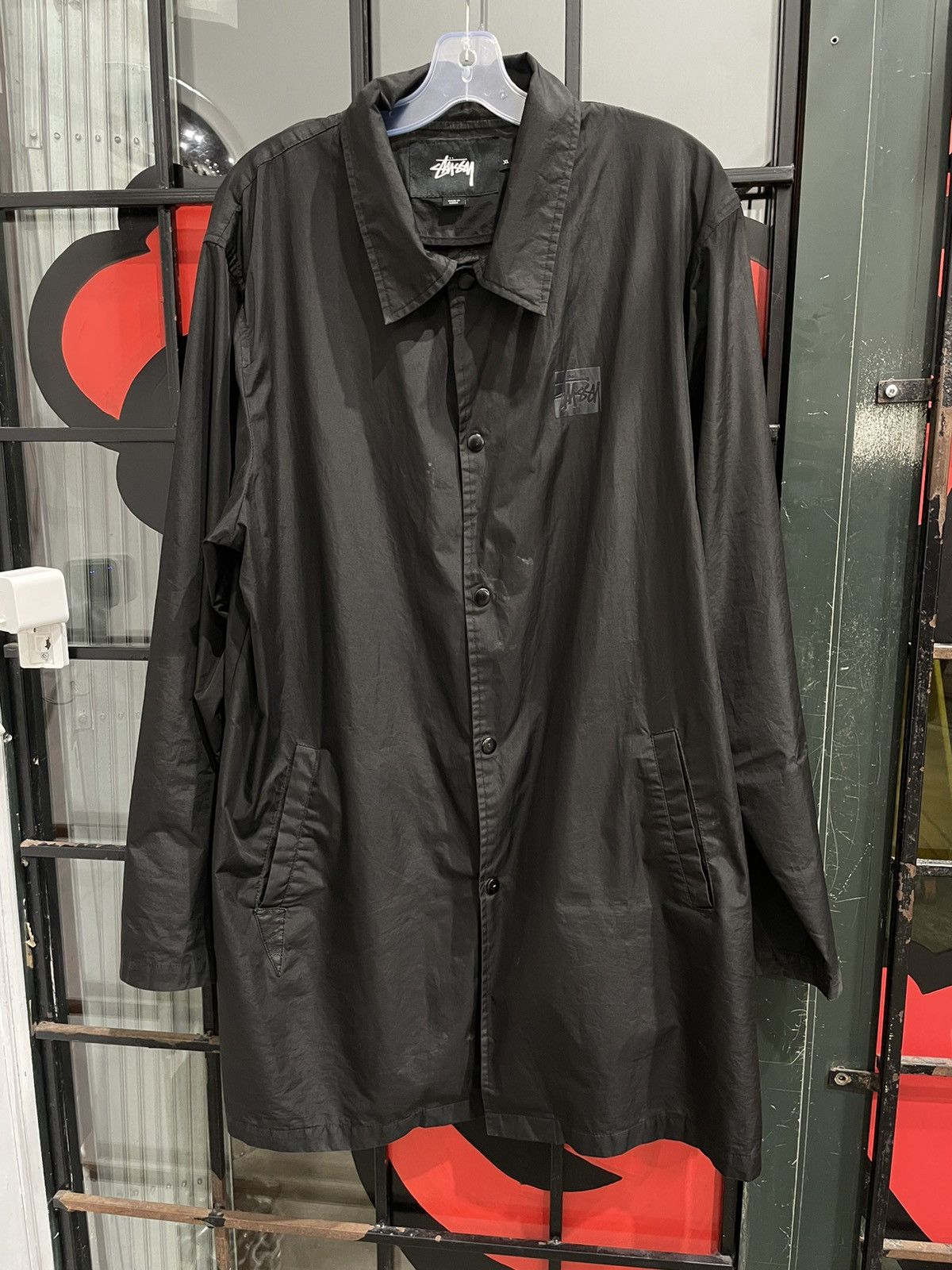 Streetwear × Stussy × Vintage Stussy Long light rain coat black button ...