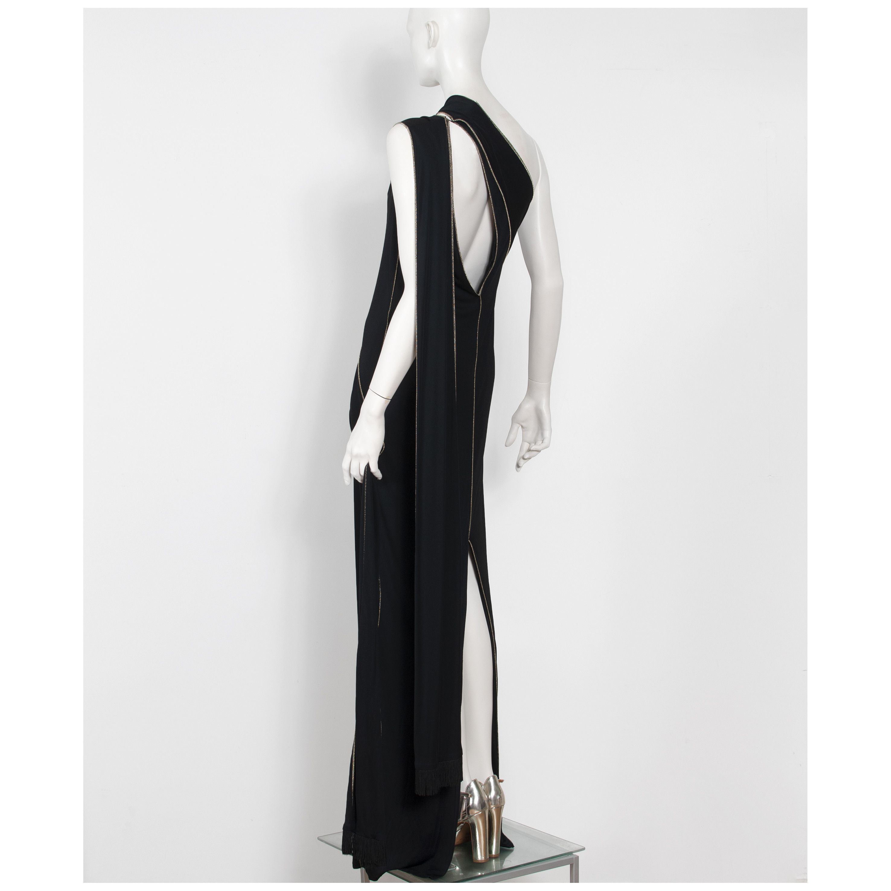 Gucci backless halter neck black GUCCI goddess gown with gold trim ...