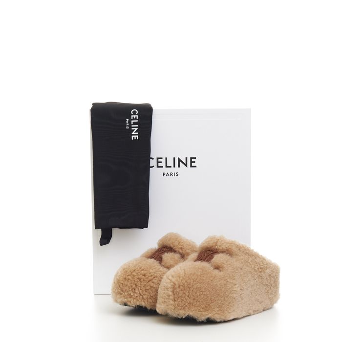 Celine Fur Mule In Cream Shearling & Triomphe Embroidered Patch | Grailed