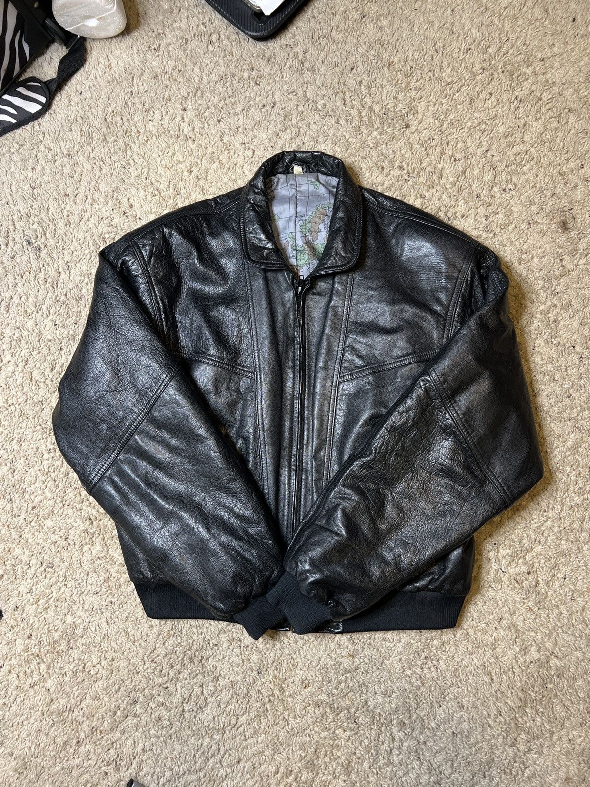 Vintage Vintage leather jacket with world map interior | Grailed