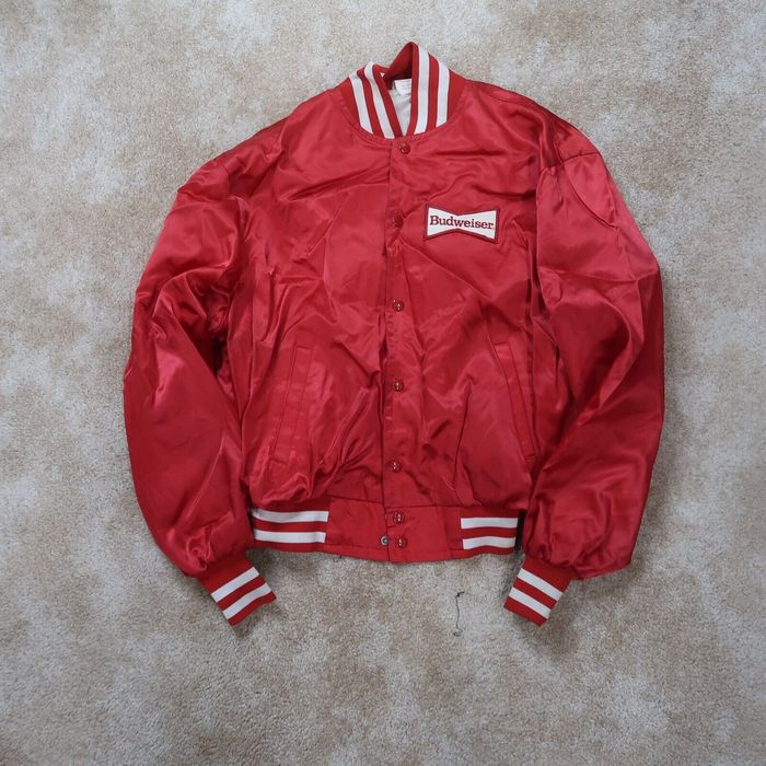 Budweiser Vintage 80s Budweiser Bomber Jacket Mens XL Red Nylon Graphic ...