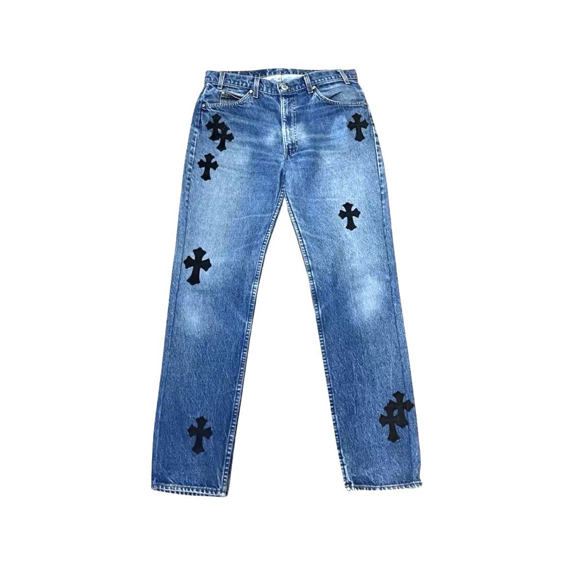 Chrome Hearts Leather cross patch denim jeans | Grailed