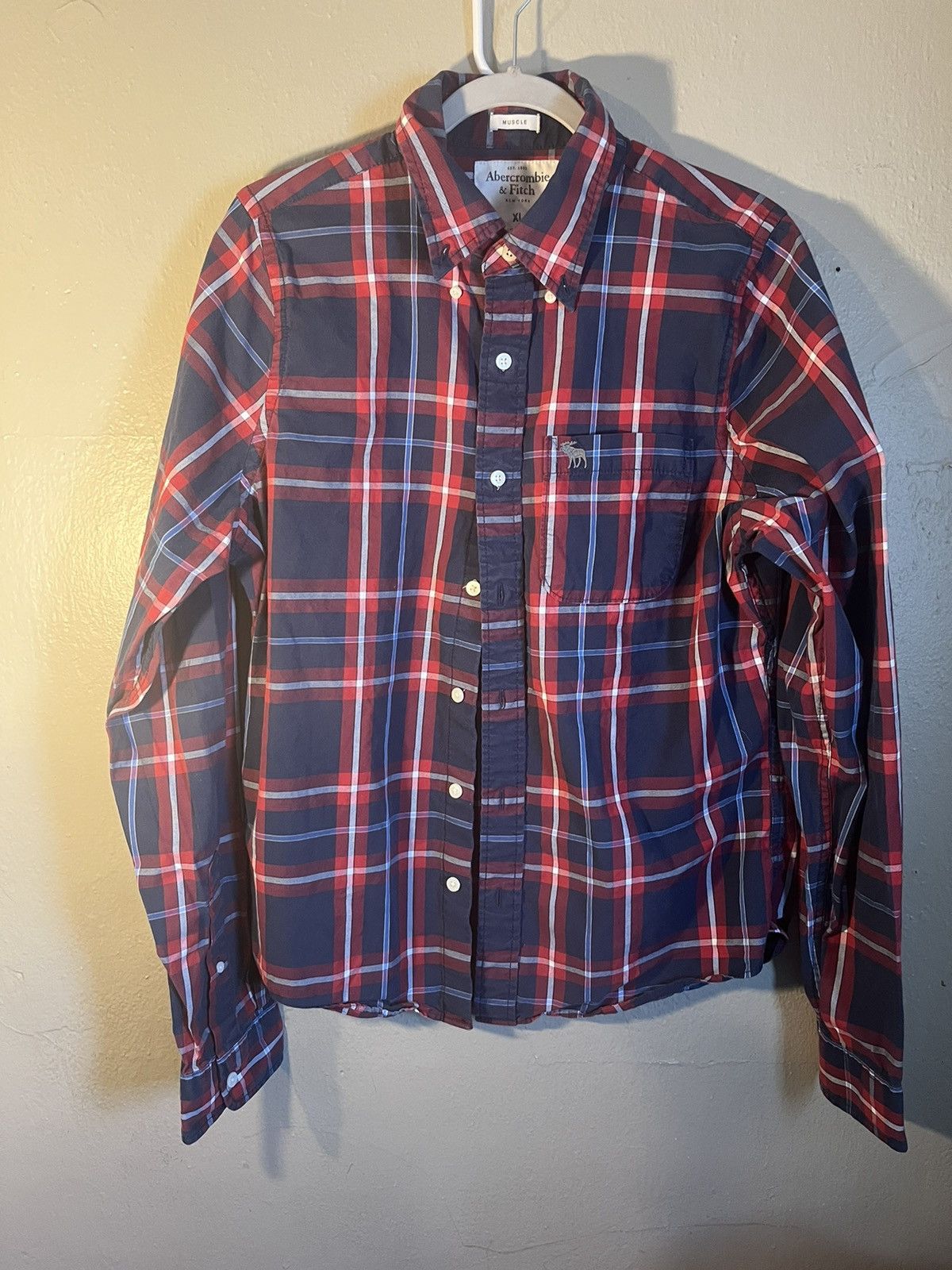 Abercrombie & Fitch Men’s muscle blue white and red button up shirt ...