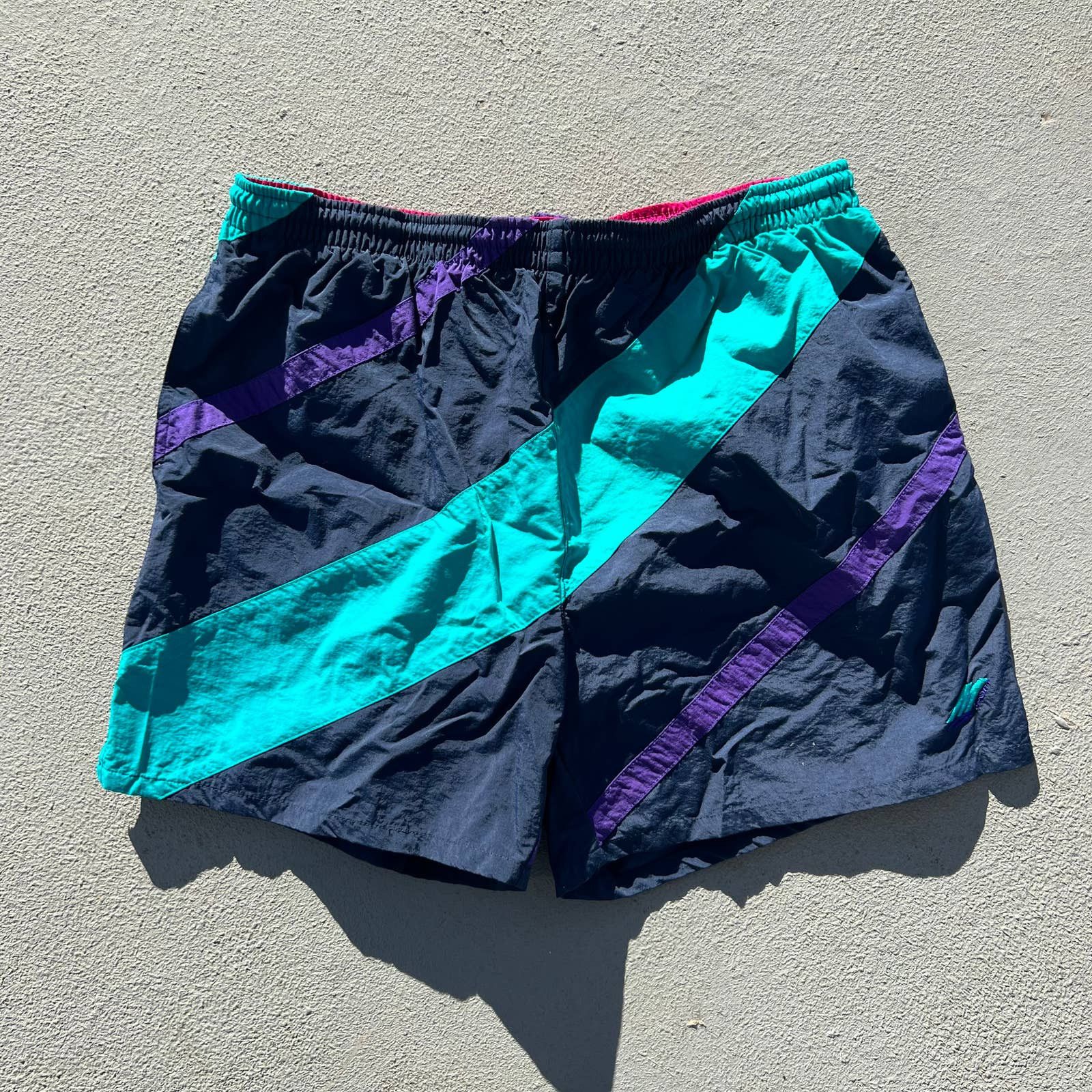 Vintage M sport blue diagonal stripe color block nylon swim trunks ...