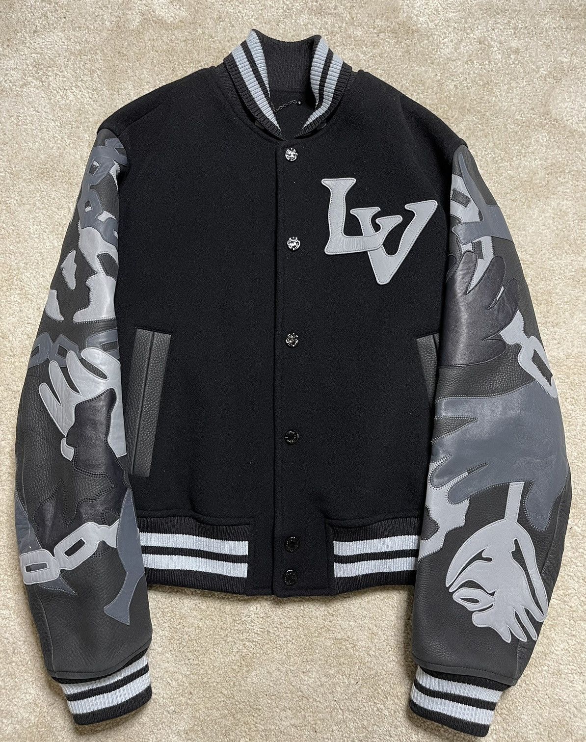 Louis Vuitton LOUIS VUITTON JACKET BOMBER LEATHER WOOL LV MONOGRAM LOGO ...