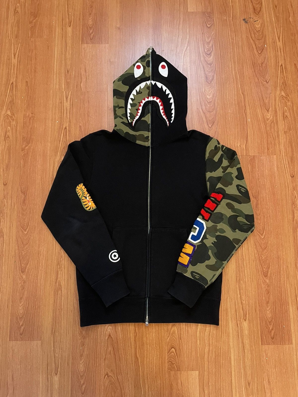 Bape Bape Black 1st Camo WGM Half Sleeve Full Zip Shark Hoodie | Grailed