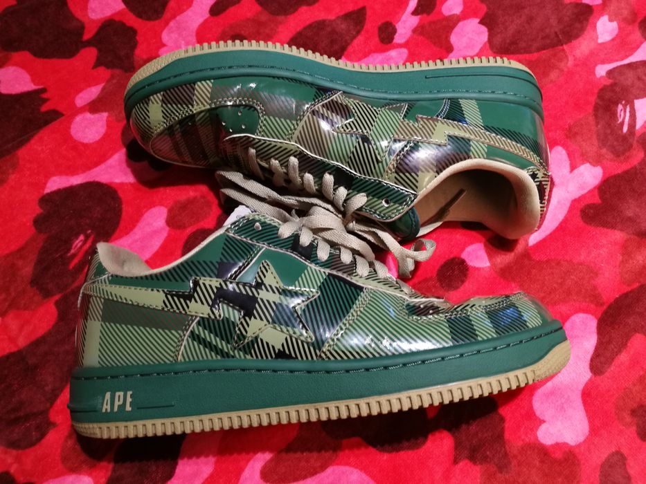 Bape Plaid Tartan Green Bapestas Patent Leather | Grailed