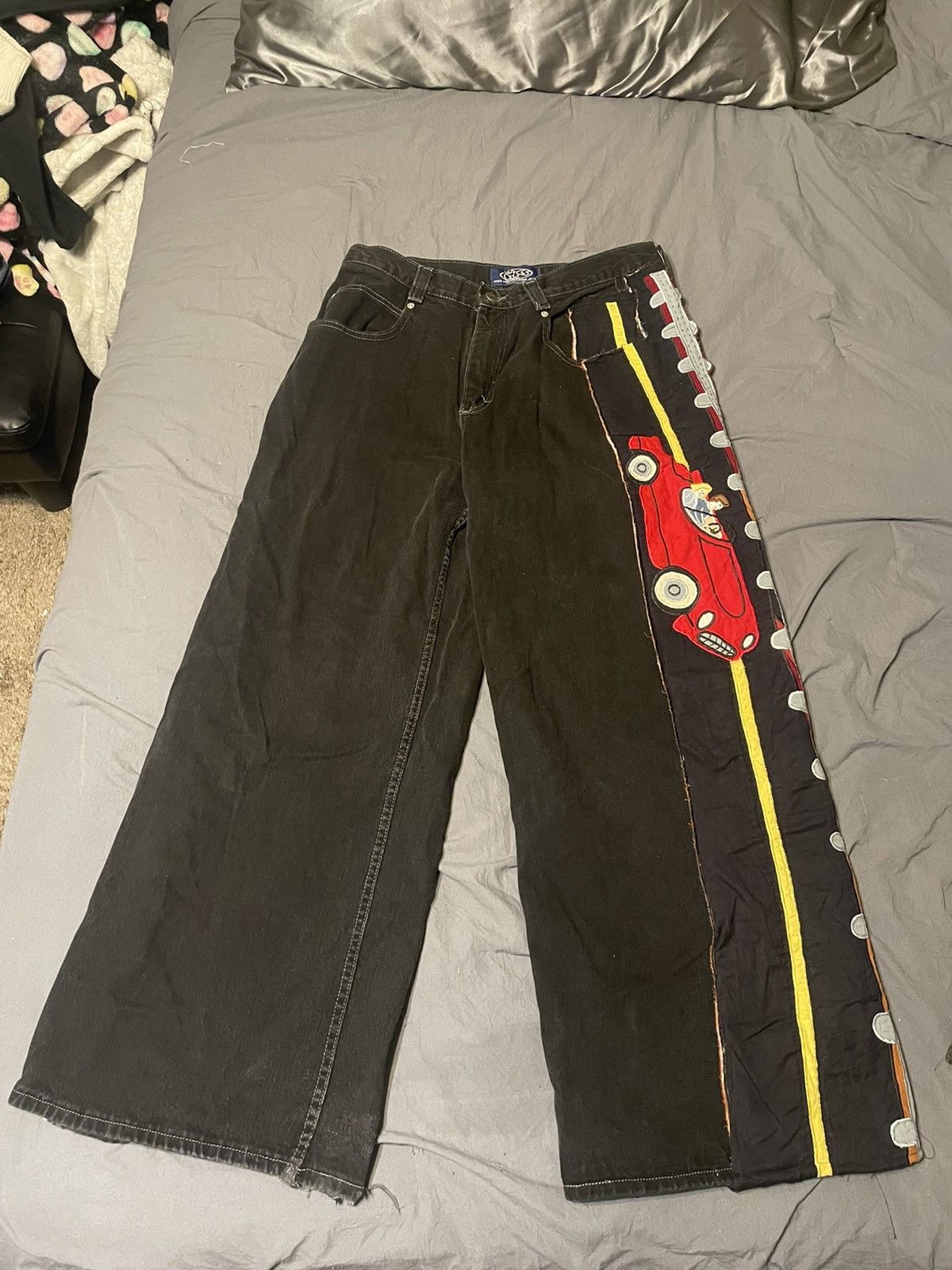 Vintage 90's Lee Pipes patchwork car baggy jeans y2k rave pants 34 ...