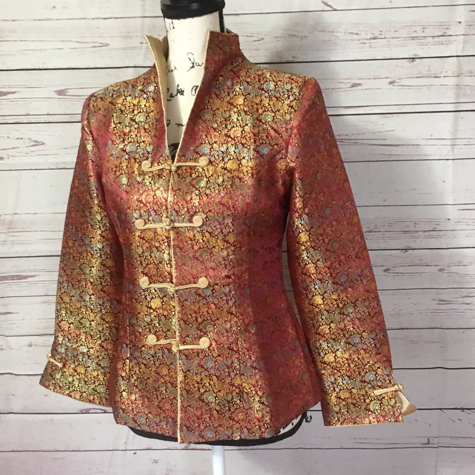 Vintage Asian Genuine Blazer Tian Bao Gong M/L Jacket Red Gold Toggle ...