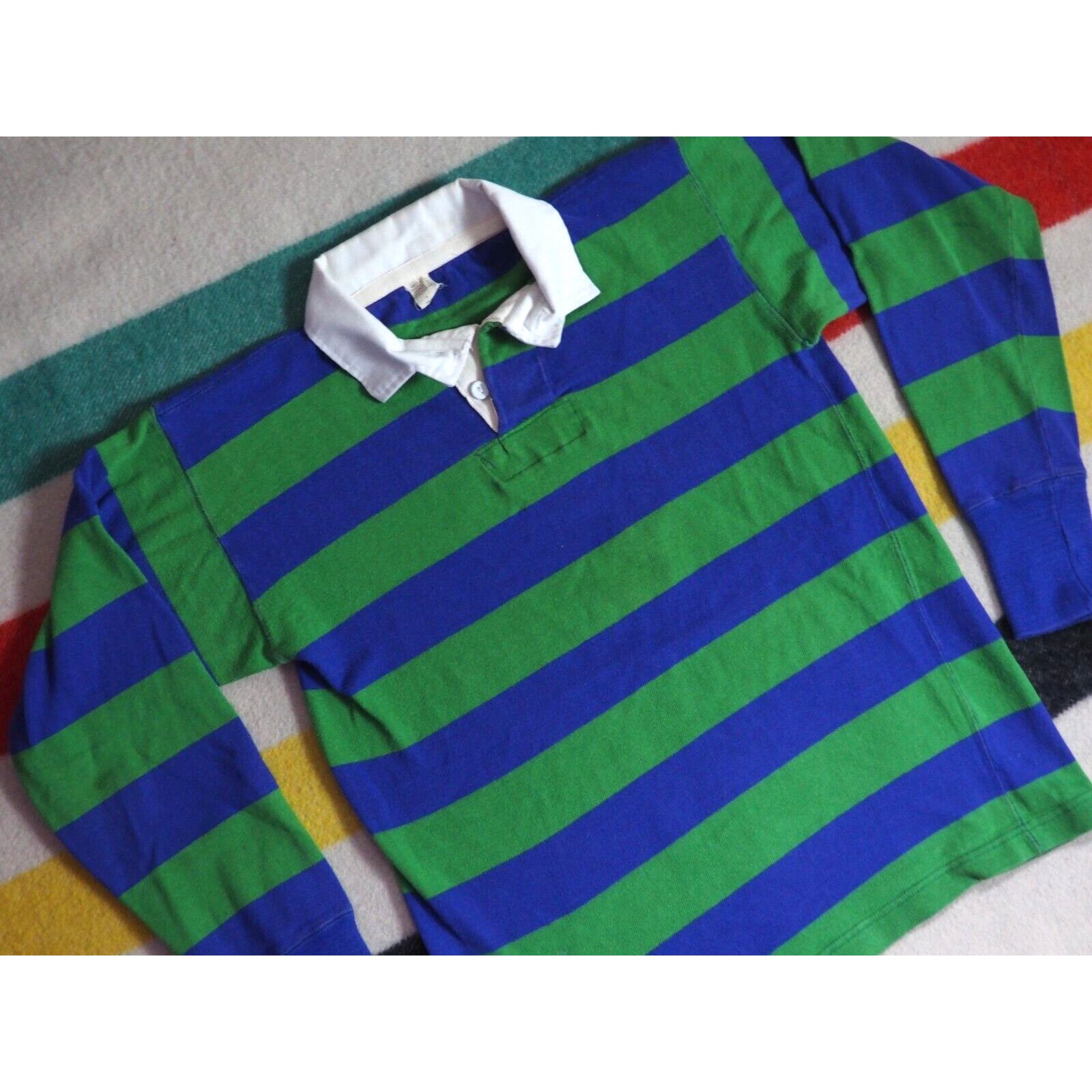 Vintage VTG 70s 80s Blue Green Heavy Striped L/S Rugby Polo Shirt USA ...