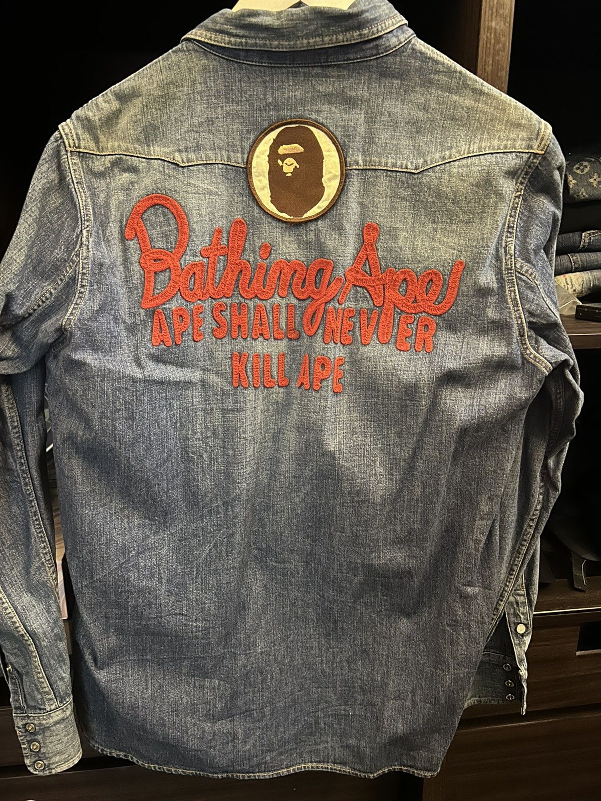 Bape bape shirt jacket denim embroidered a bathing ape used once | Grailed