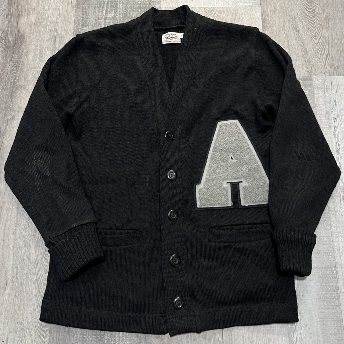 Dehen 1920 Dehen 1920 Black A Logo Varsity Knit Wool Cardigan Sweater ...