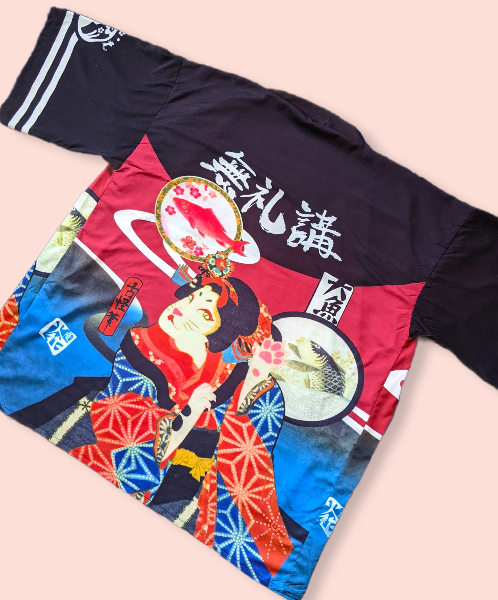 Japanese Brand Vintage Japanese Drawing Cat Geisha Sukajan Haori Shirt ...