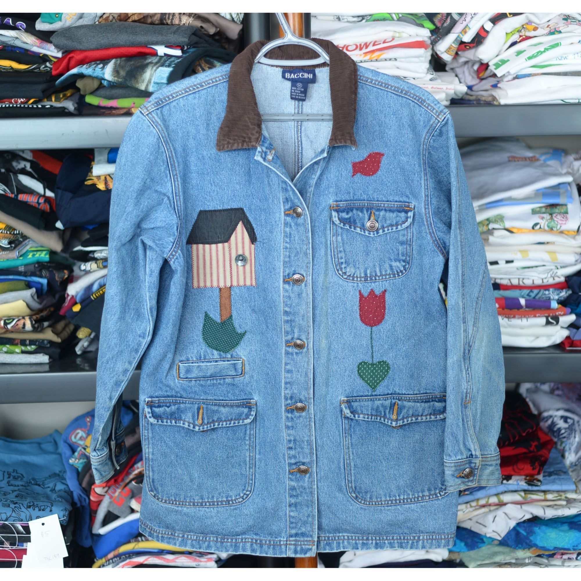 Vintage 90s Baccini Women's Medium Stitched Art Denim Light Jacket ...