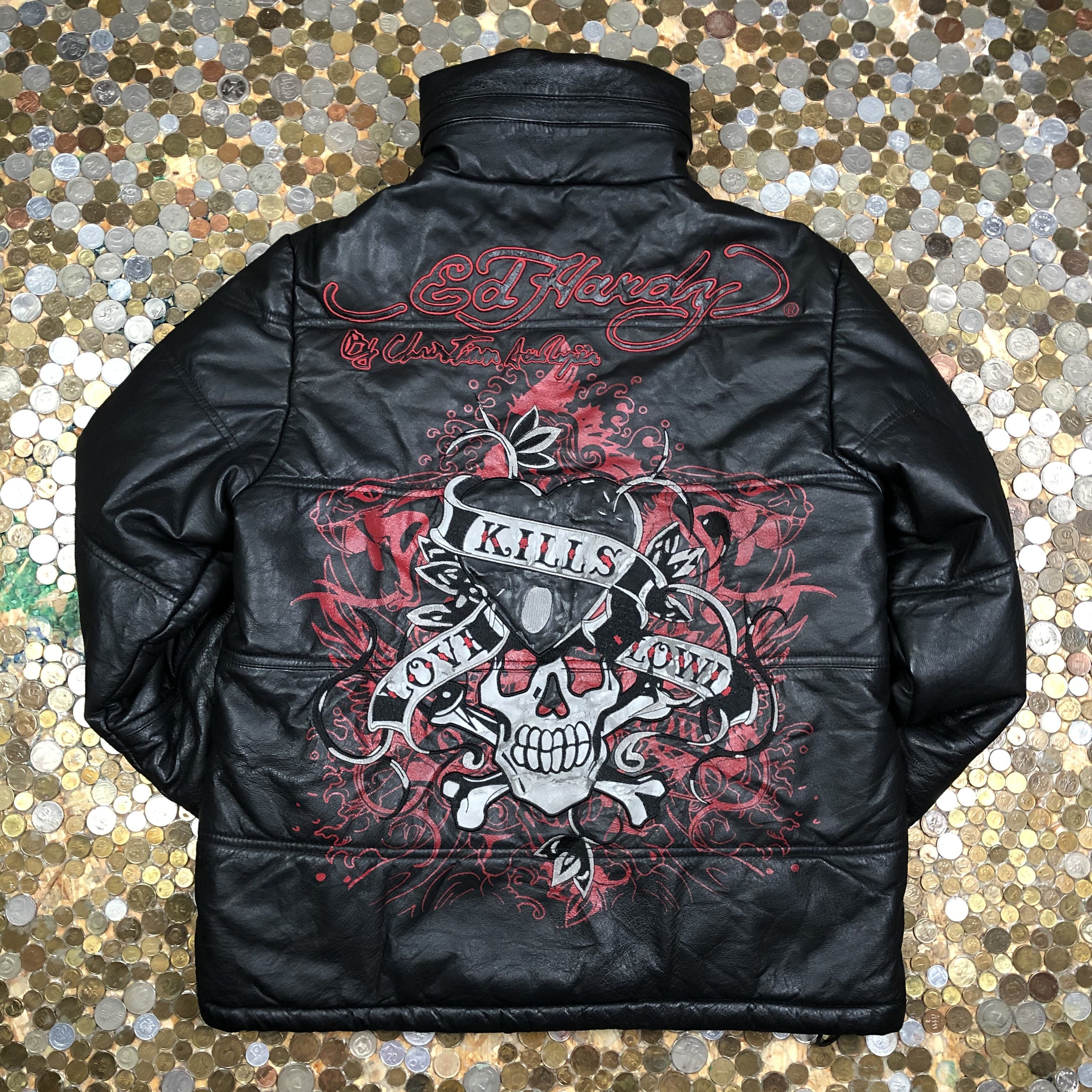Ed Hardy × Vintage Ed Hardy leather Puffer Winter jacket 90's | Grailed