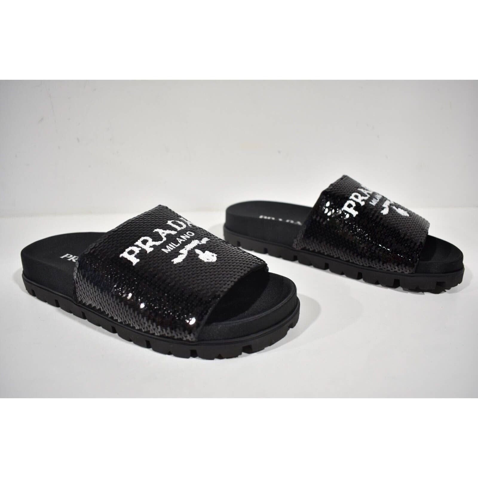 Prada Prada Black Sequin White Logo Pool Slide | Grailed