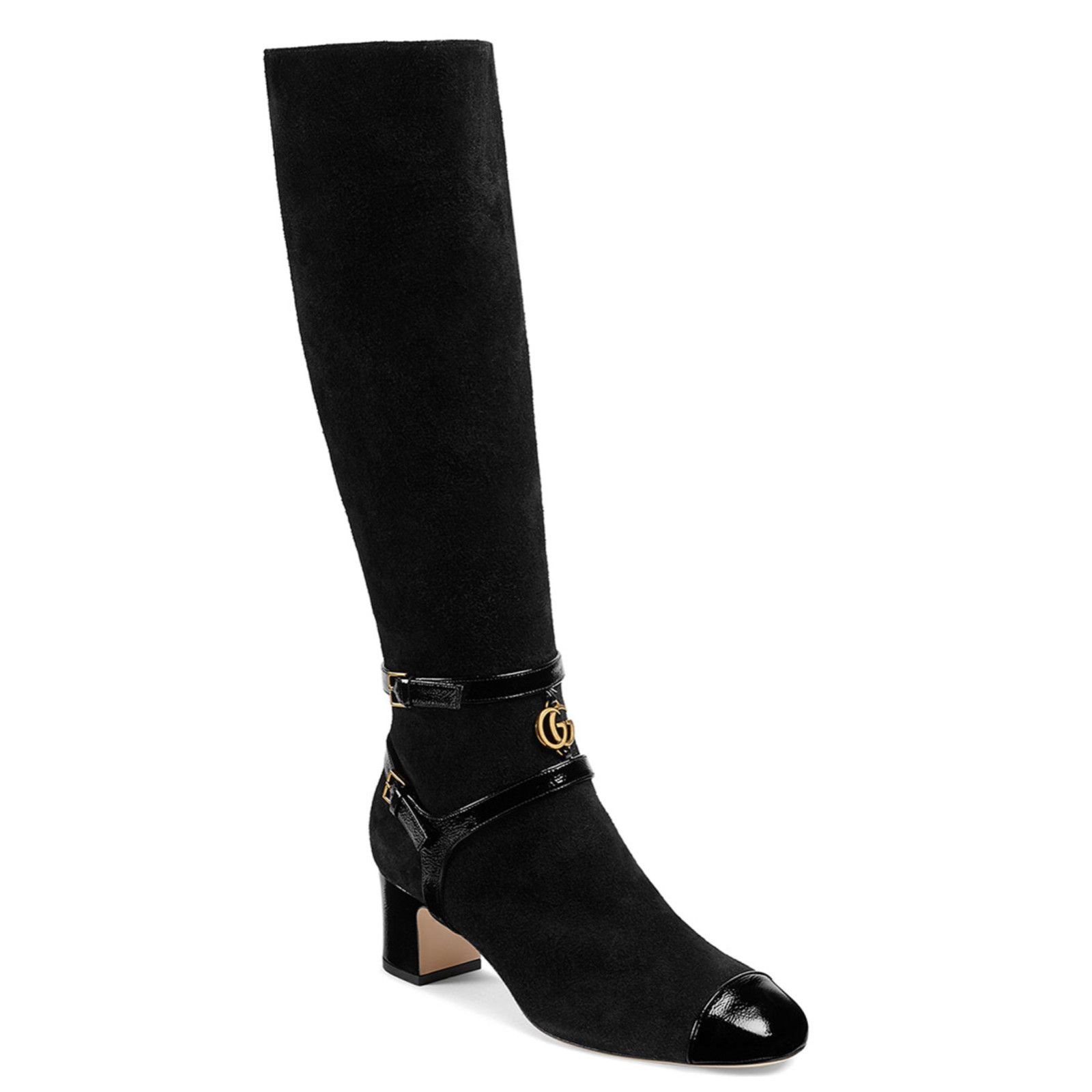 Gucci Gucci Geraldine Black Suede Patent GG Gold Logo OTK Boot | Grailed