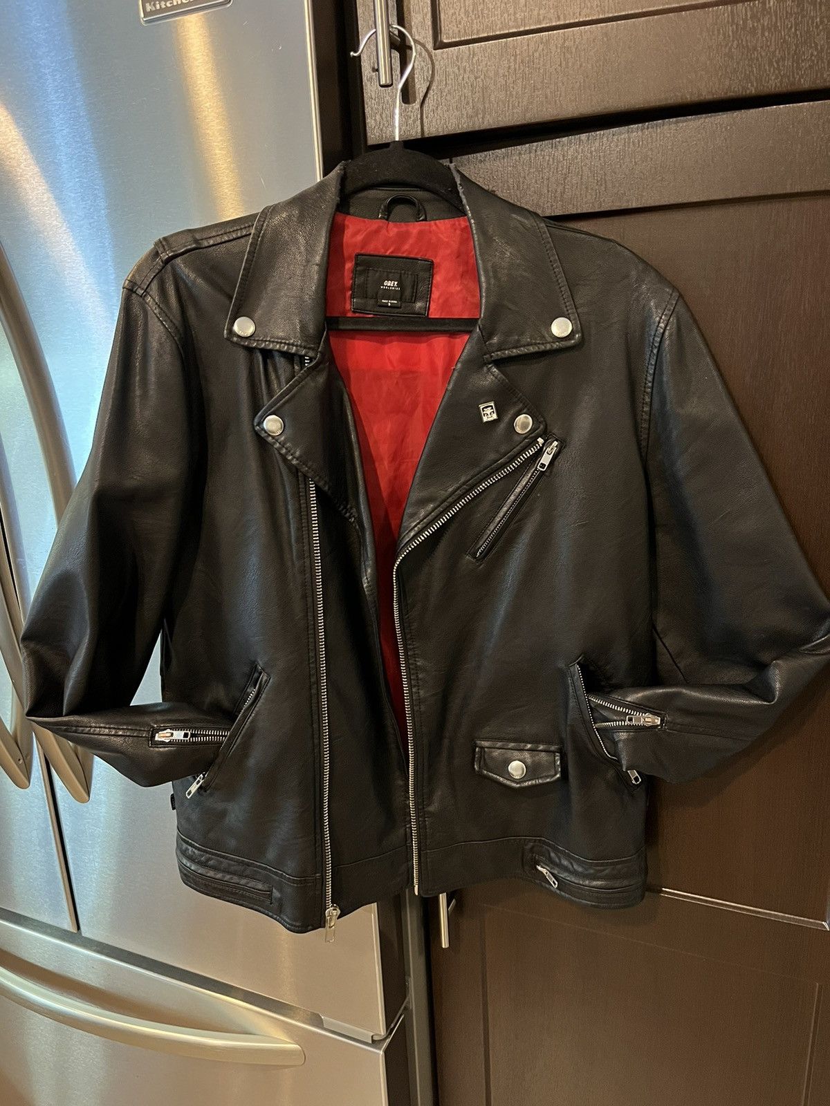 Obey VINTAGE Obey Leather Motorcycle Jacket Red inside | Grailed