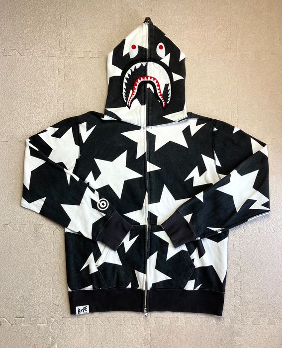Bape BAPE Black White Bapesta Star Logo Shark Full Zip Hoodie | Grailed