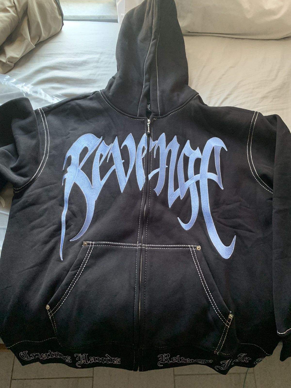 Revenge Revenge blue black contrast embroidered hoodie | Grailed