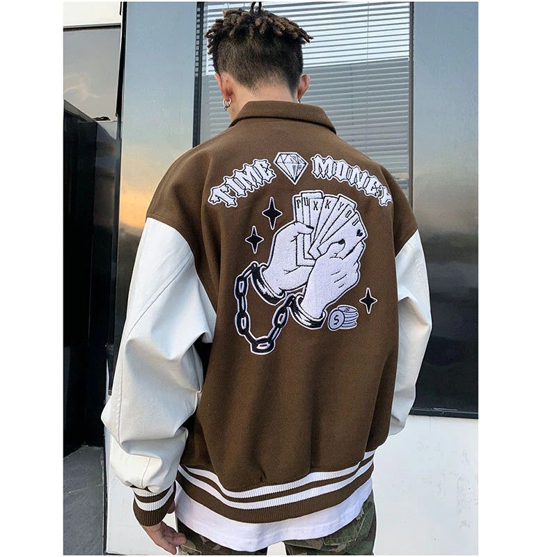 Streetwear Varsity Jacket Men Leather Sleeves Brown Bomber Jacket | Grailed