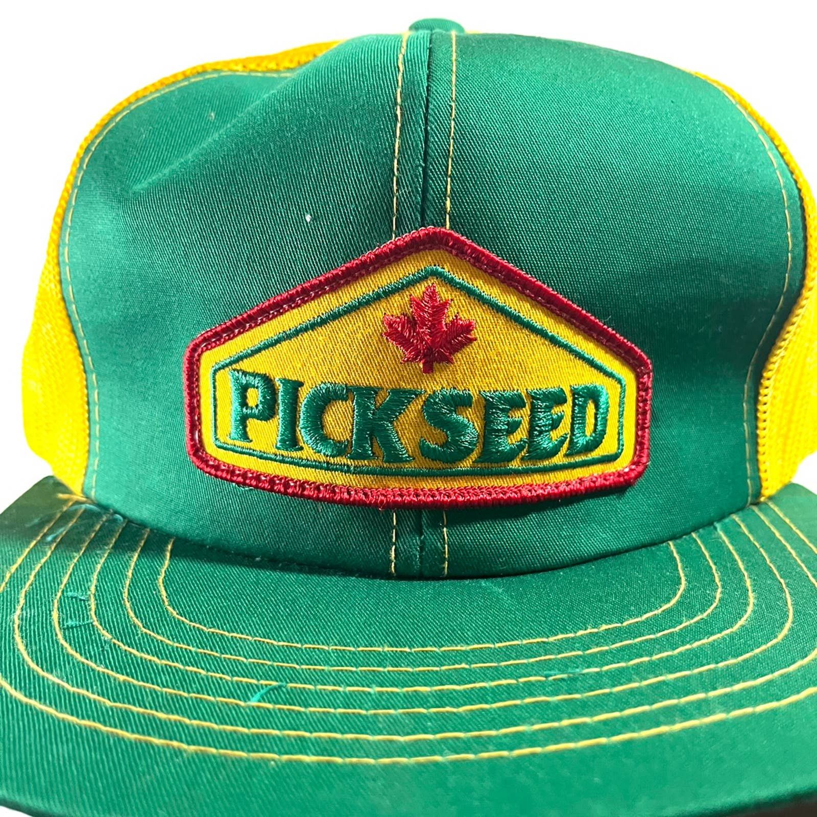 Vintage Vintage 1990’s Pickseed Mesh Trucker Hat Green/Yellow | Grailed